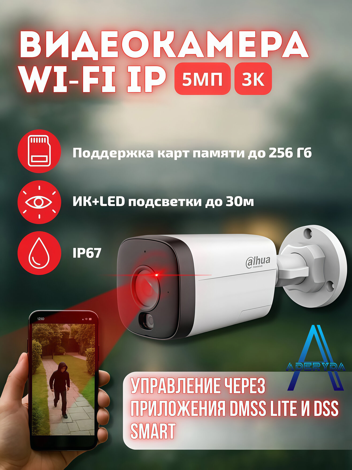 DAHUA IP-камера 5Мп, Wi-Fi, microSD, ИИ обнаружение людей и авто. DH-IPC-HFW1539DTK2P-SAW-IL-0280B.