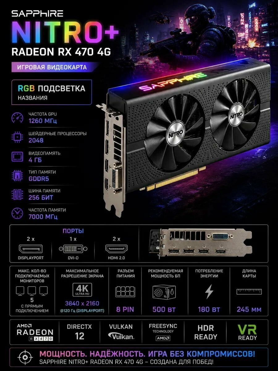 Видеокарта для ПК Nitro+ RADEON RX 470 4G с RGB подсветкой