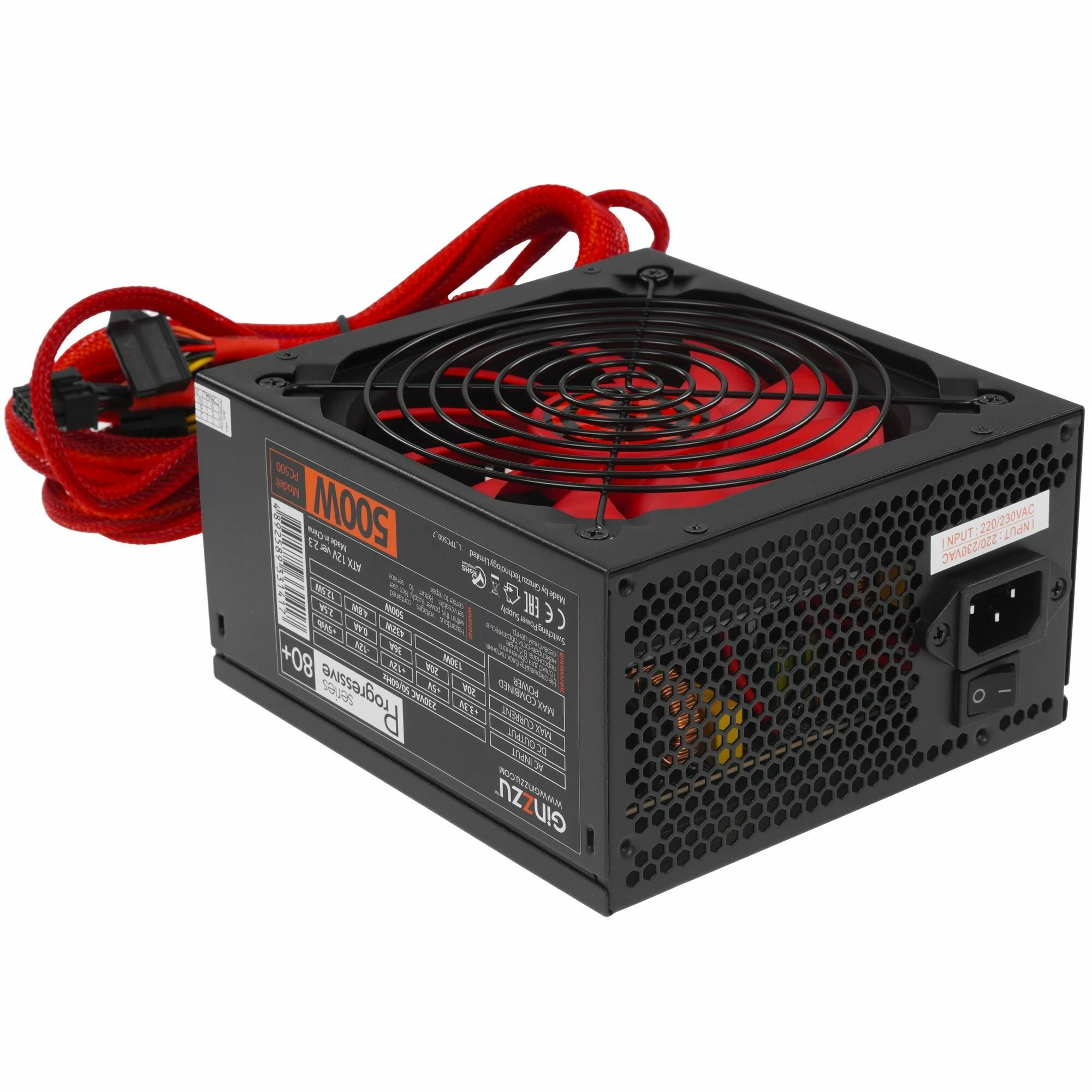 Блок питания Ginzzu PC500 80 Plus Standart (17132) черный - ATX 20+4 пин, 4 pin + 4 pin CPU, 5 SATA, 2 x 6+2 pin PCI-E