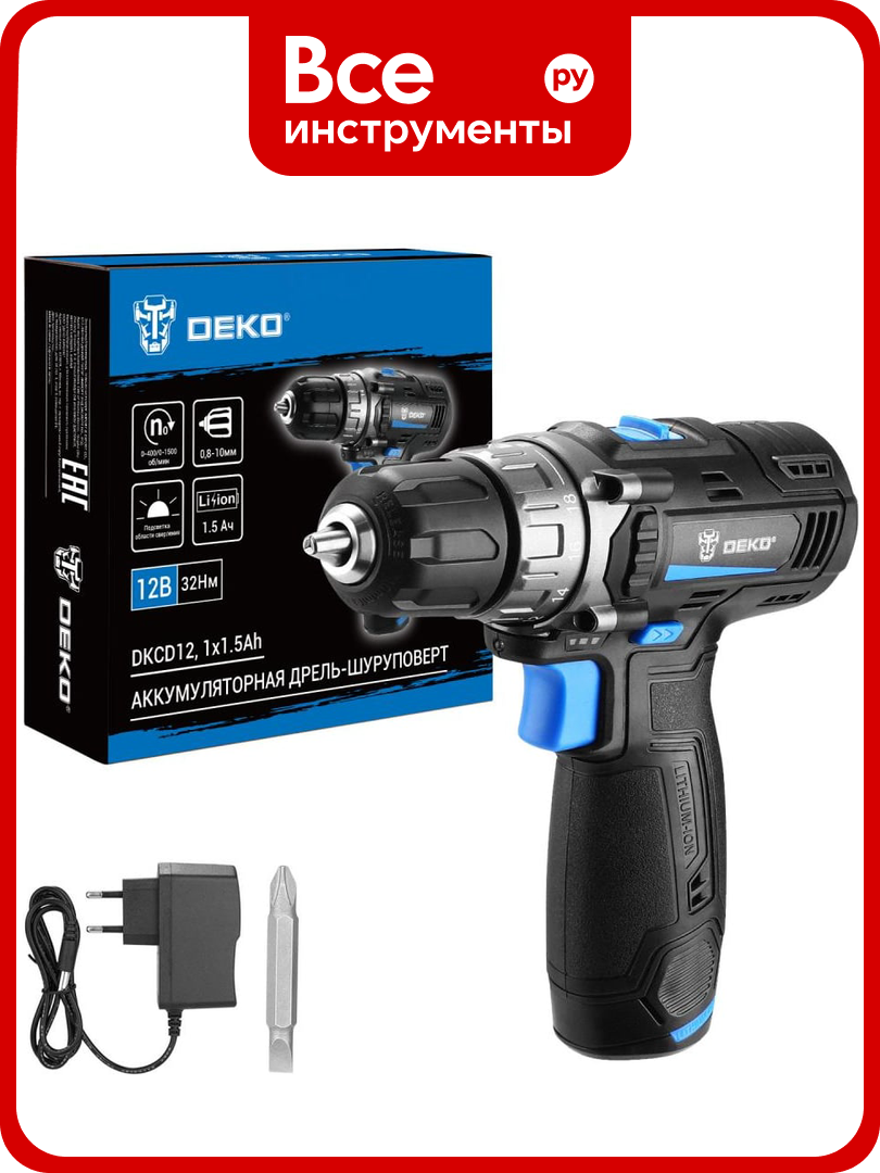 Аккумуляторная дрель-шуруповерт DEKO DKCD12, 12В, 1x1.5Ач 083-1121