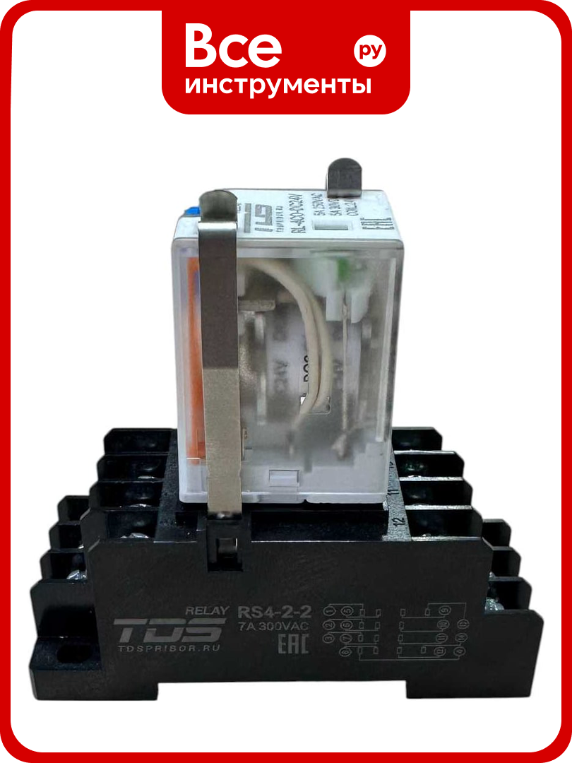 Промежуточное реле с колодкой TDS RS4-2-2, 4 перекидных контакта, DC 24В/5А TDS56581