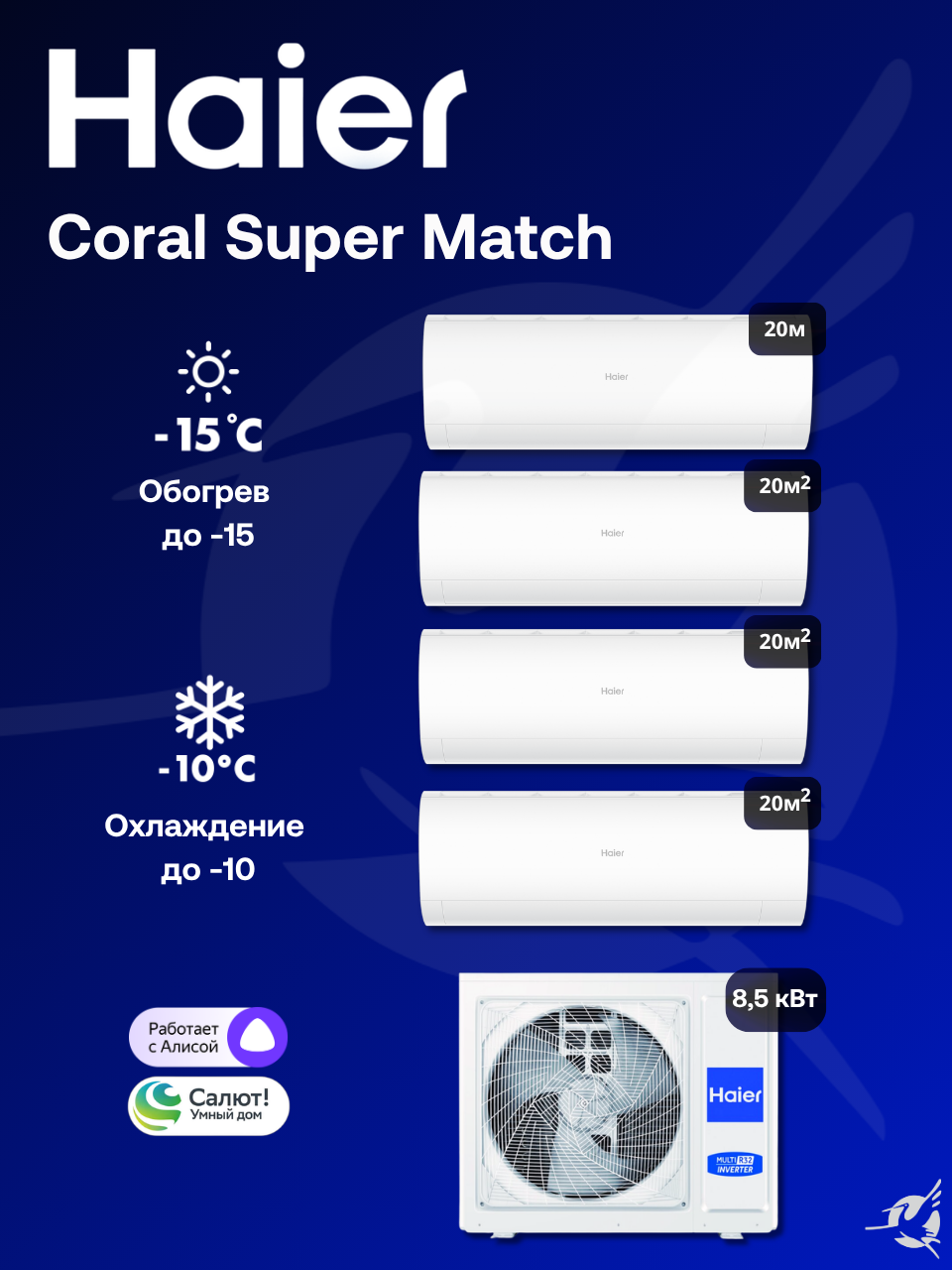 Мультисплит-система Haier Coral Super Match 4XAS20PS1HRA-M / 4U85S2SR5FA на 4 комнаты 20+20+20+20 м²