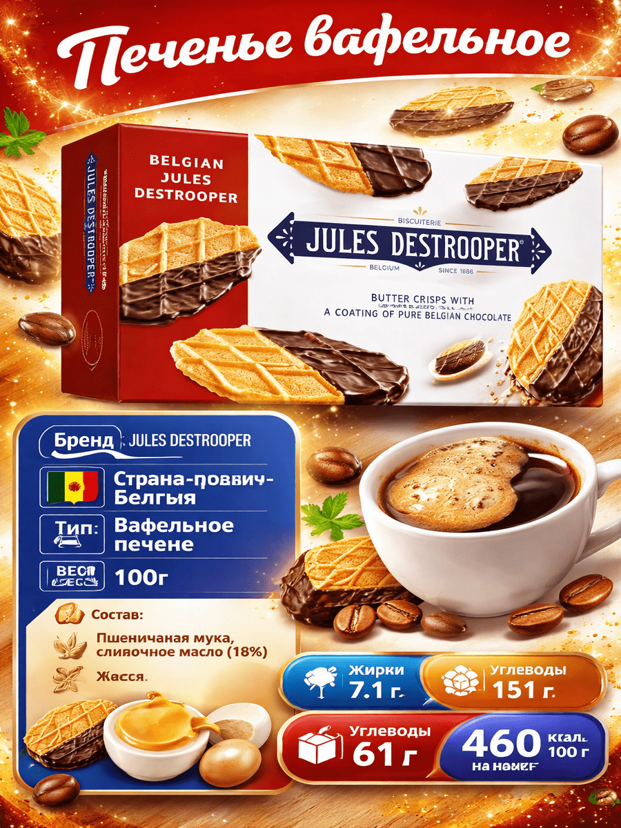 Печенье вафельное Jules Destrooper Butter Crisps с темным шоколадом, 100г