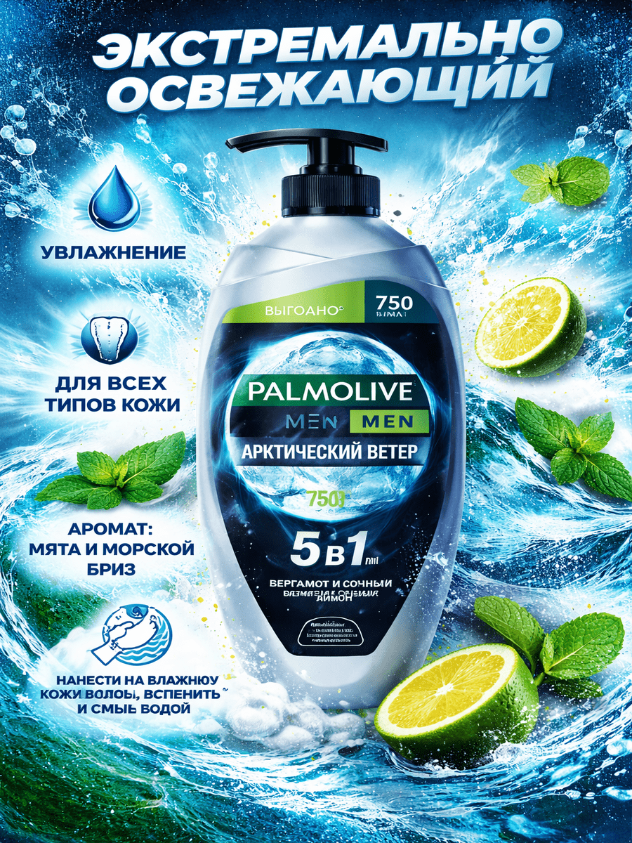 Гель для душа Palmolive Men Экстремально Освежающий Арктический Ветер 3 в 1, 750мл