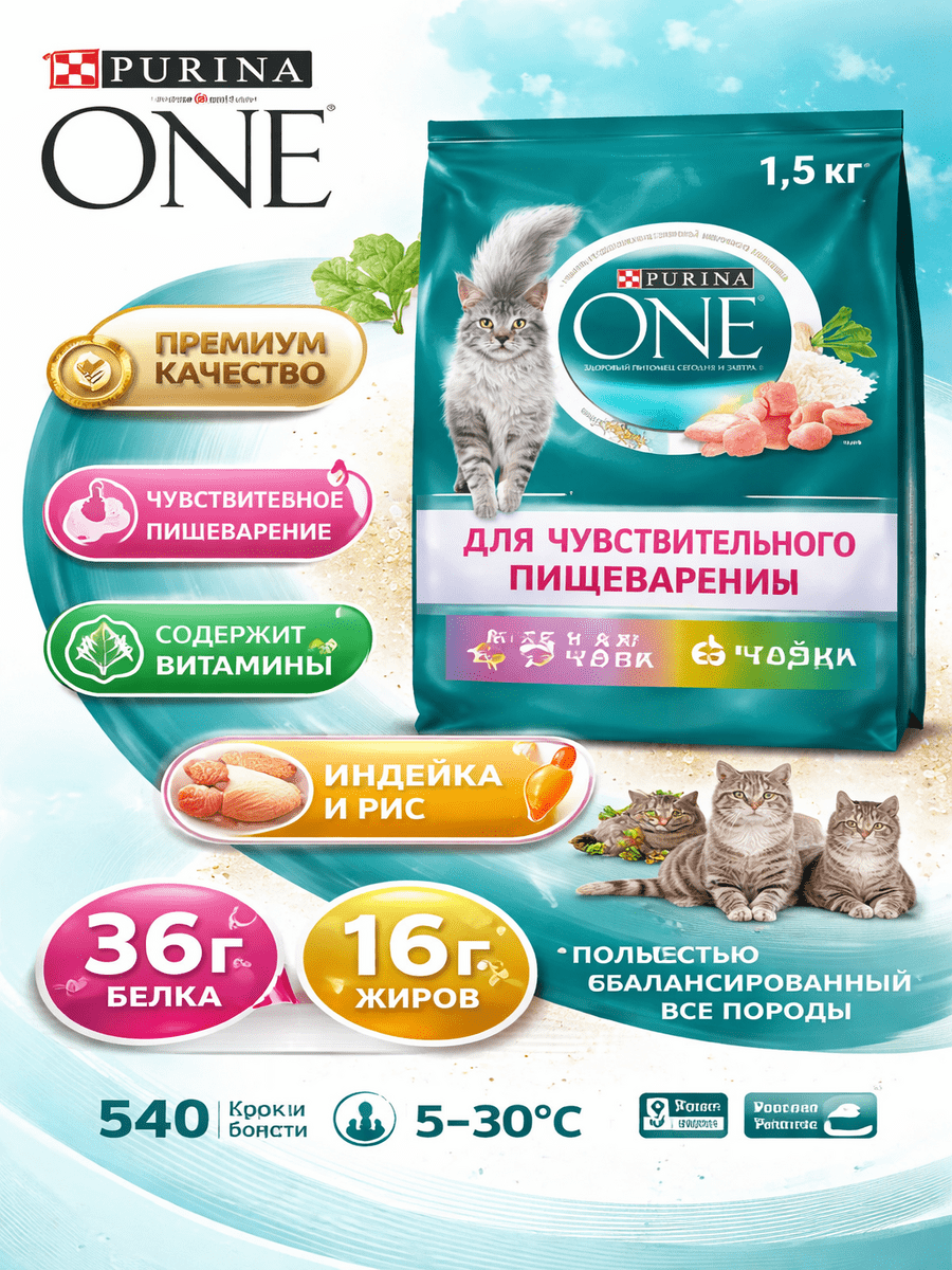 Корм сухой Purina One для взрослых кошек при чувствительном пищеварении с индейкой и рисом, 1.5кг
