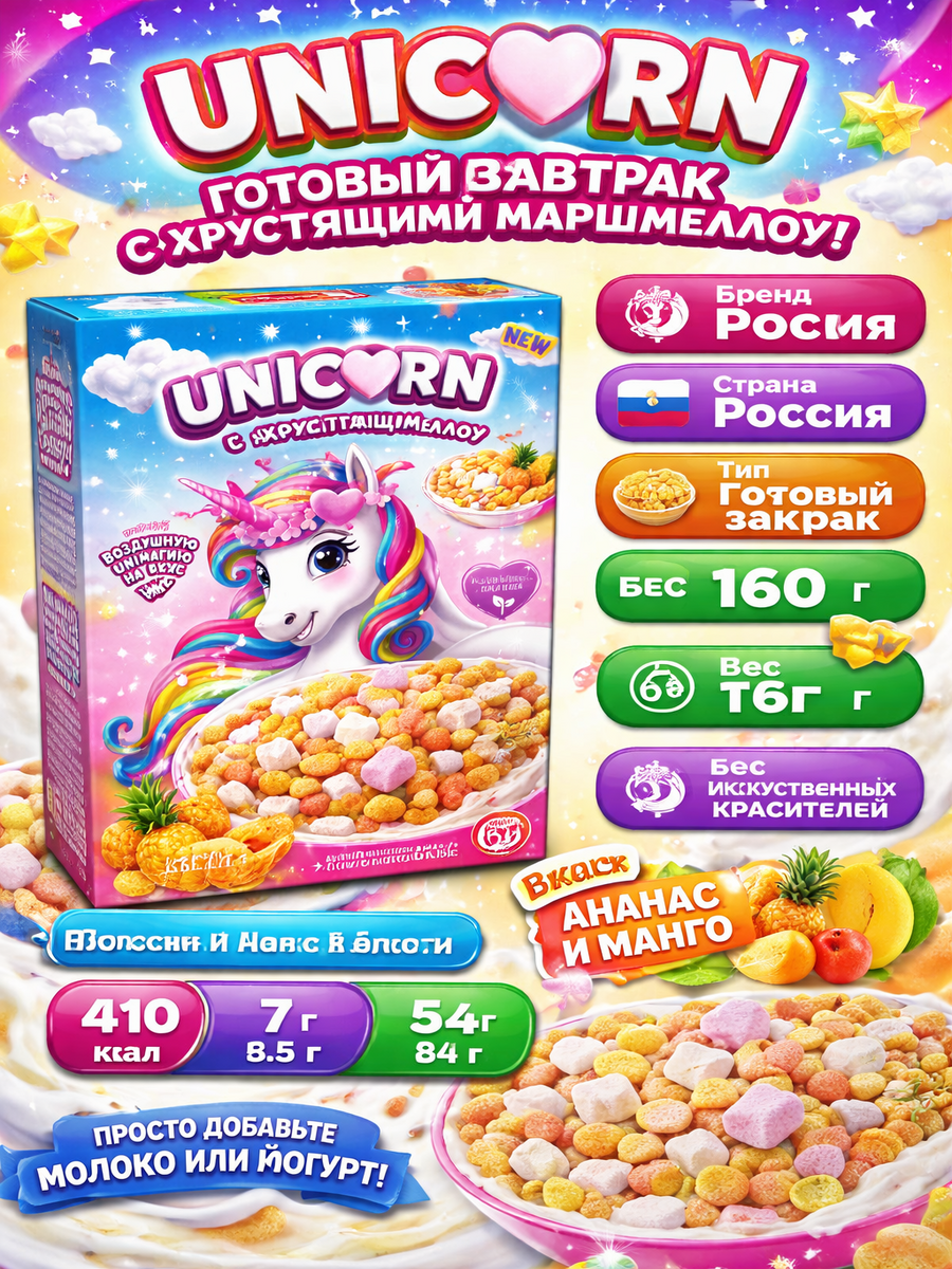 Готовый завтрак Unicorn с хрустящими маршмеллоу с манго и ананасом, 160г