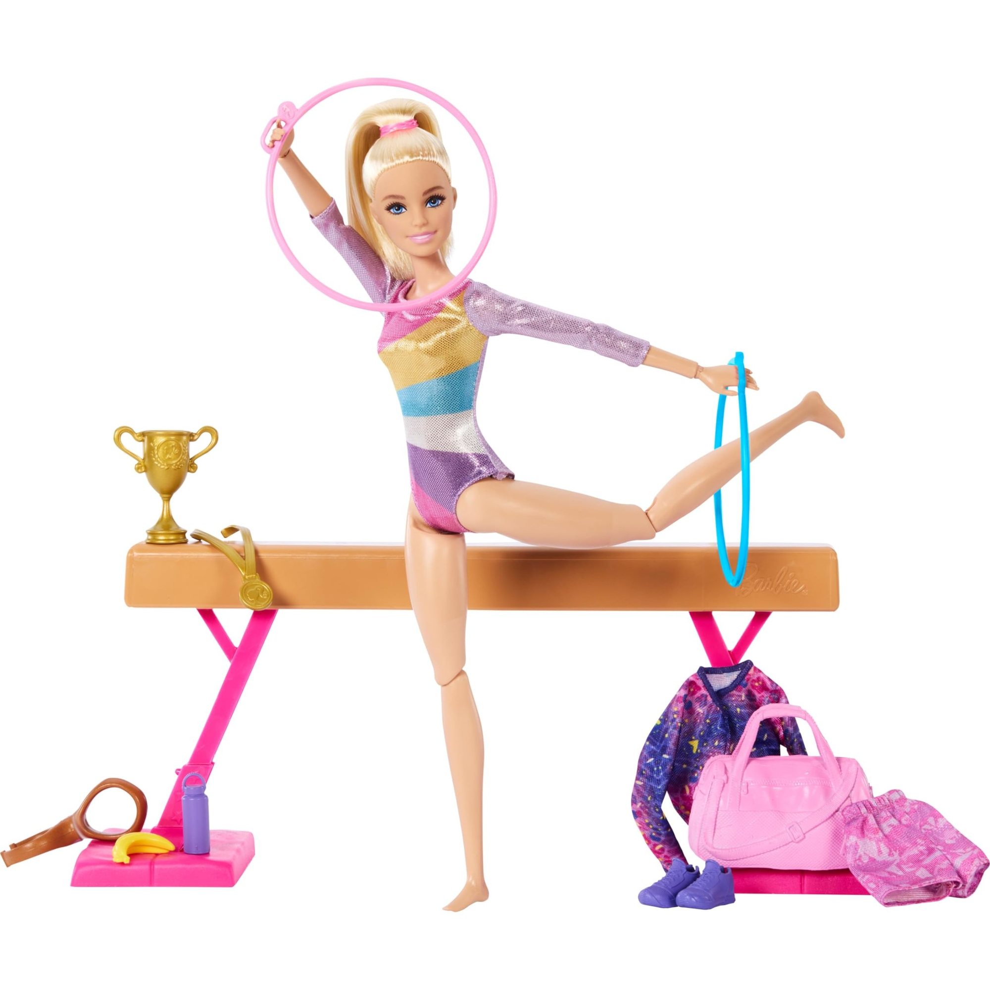 Игровой набор Mattel Barbie Гимнастка с бревном для равновесия и аксессуарами HRG52, 29 см