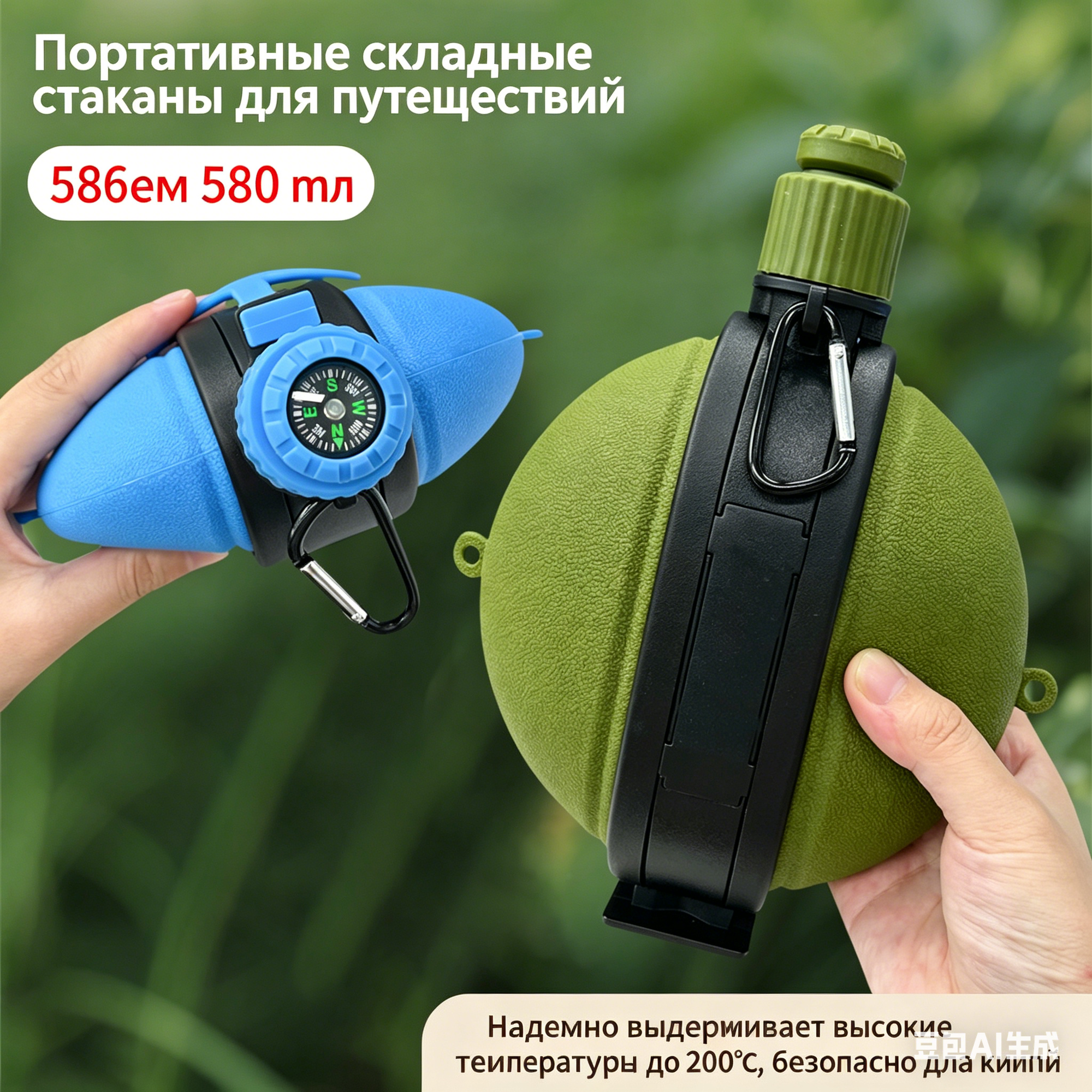 Фляга складная с компасом "для холодной воды", силикон, 580мл, зеленая