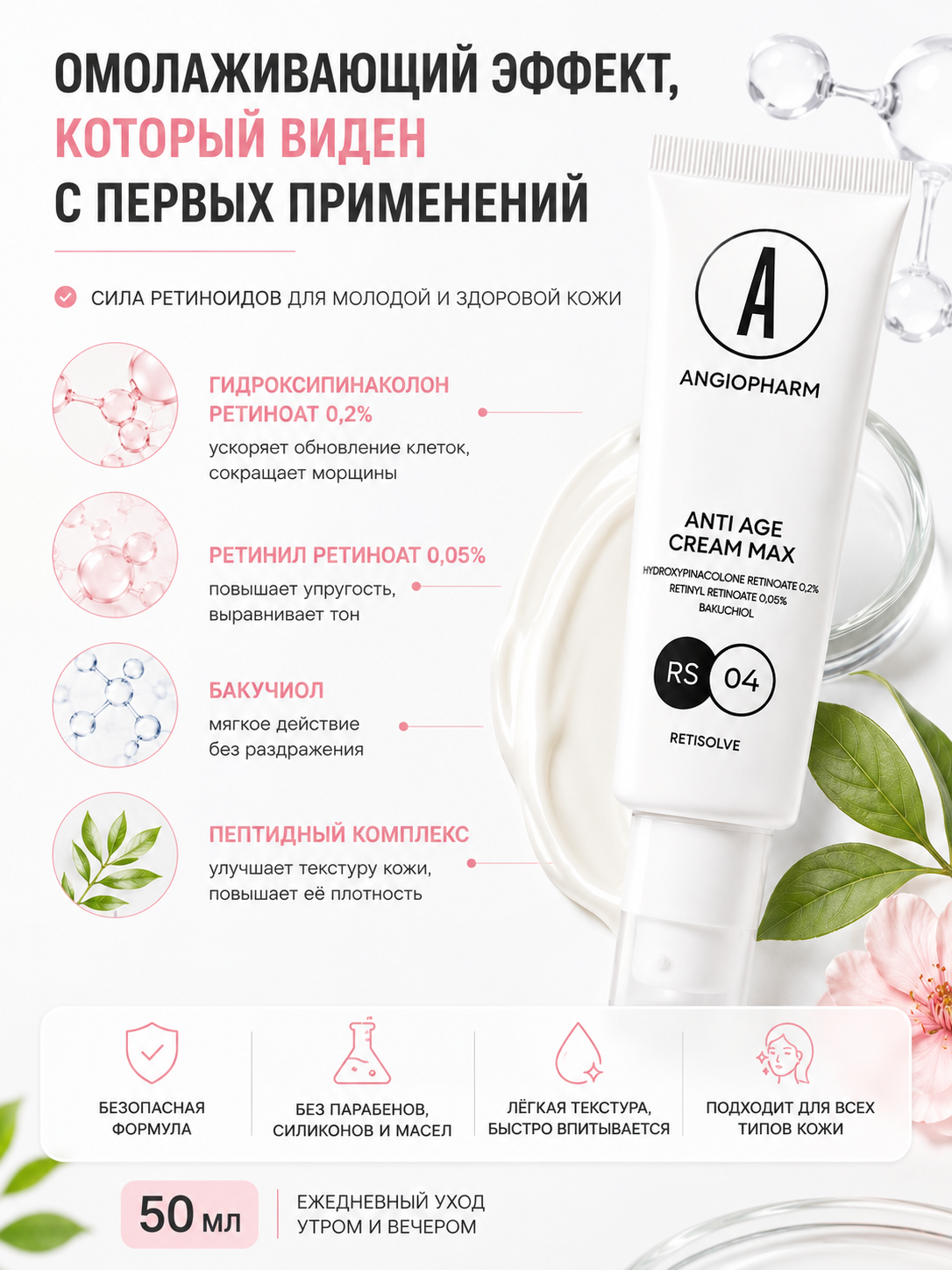 Омолаживающий Крем Angiopharm MAX, с Ретиноидами, для Лица, 50мл