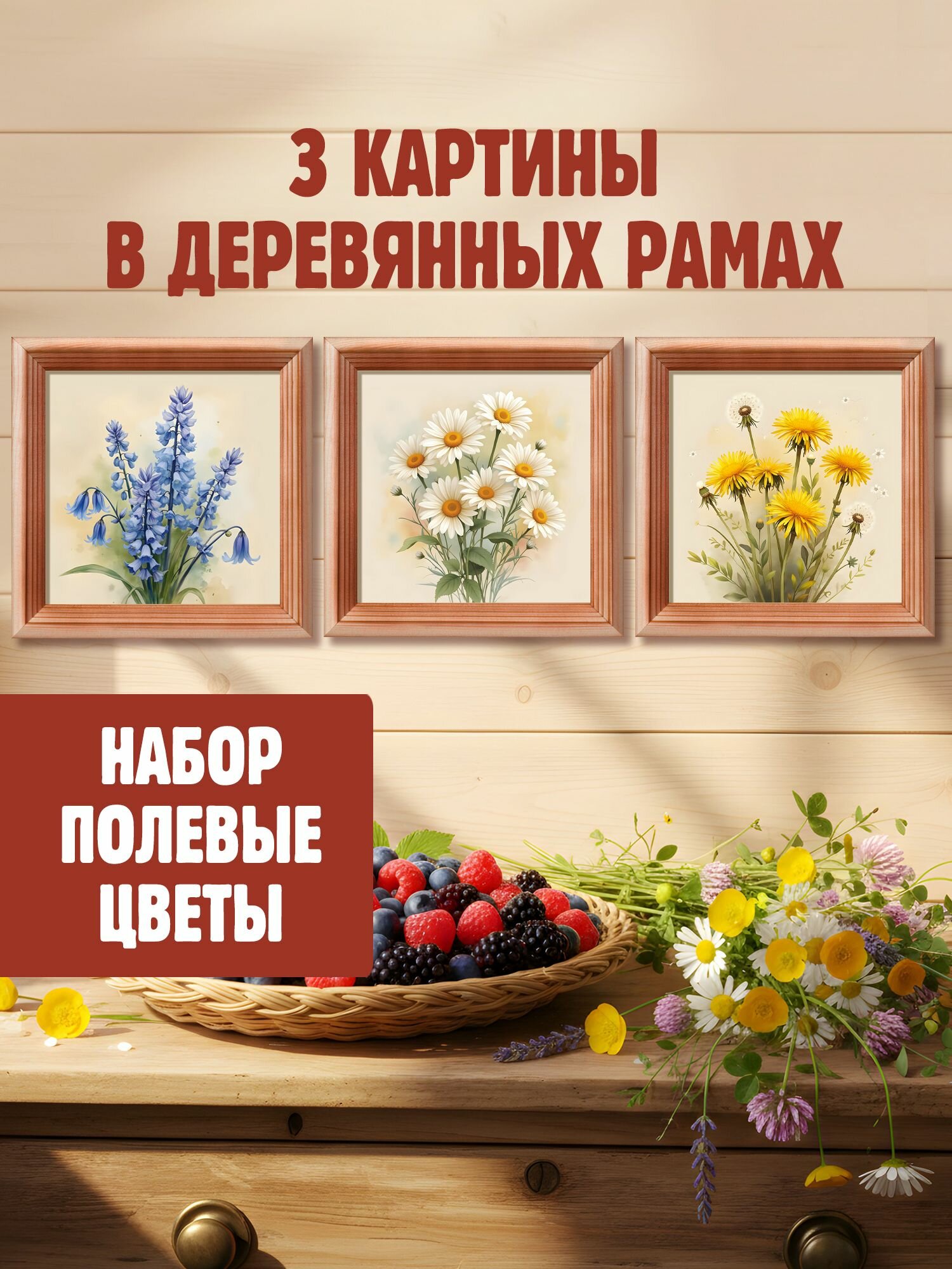 3 картины на стену интерьерные в деревянных рамах Полевые цветы акварель 18х18 см