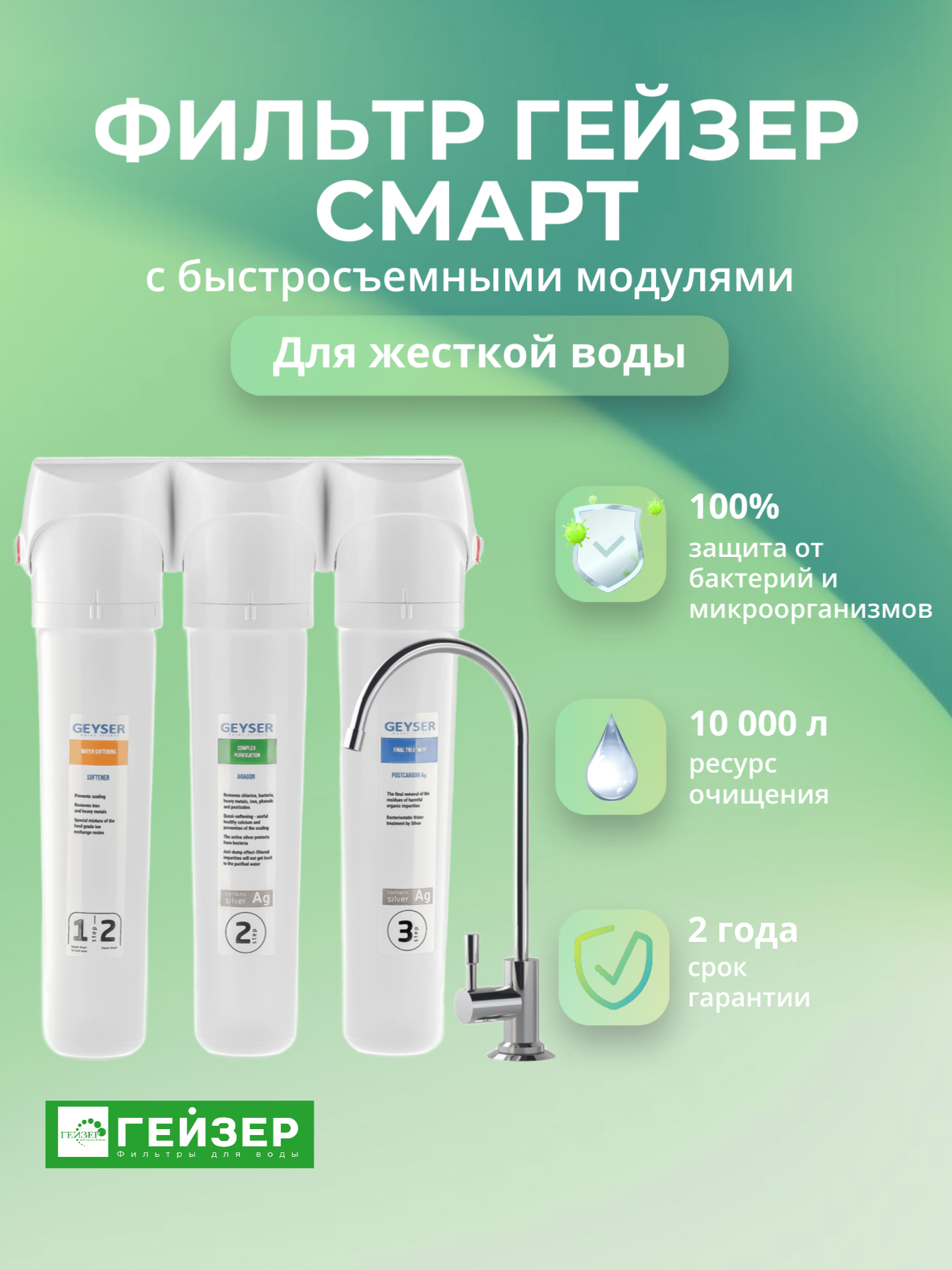 Фильтр для воды под мойку Гейзер Смарт для жесткой воды С быстросъемными модулями Артикул: 16026
