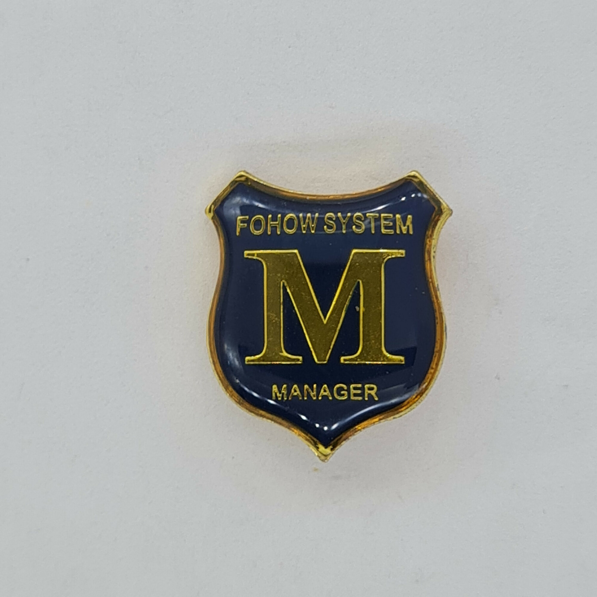 Значок СССР. Надписи FOHOW SYSTEM, M, MANAGER, щит. Винтажный значек.