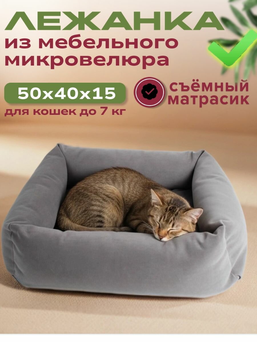 Лежанка для кошек и собак мелких пород , со съемным матрасиком, 50 x40 x15 , из микровелюра , бренд КиссМания.