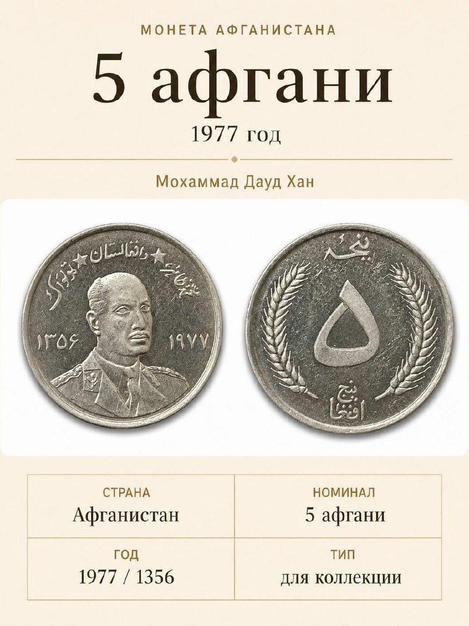 Коллекционная монета Афганистан 5 афгани 1977 / 1356, Мохаммад Дауд Хан
