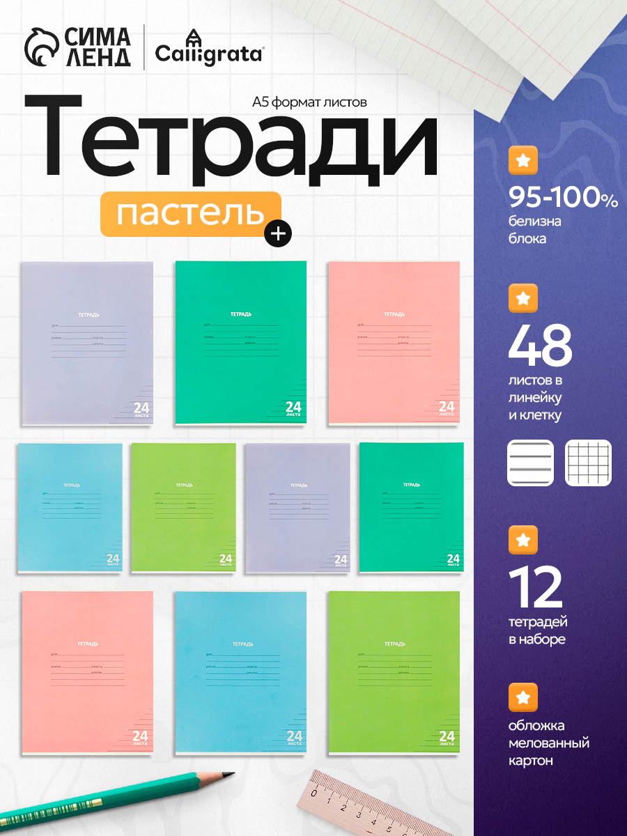 Комплект тетрадей из 10 штук. 24 листа в линейку КПК «Пастель», 5 видов