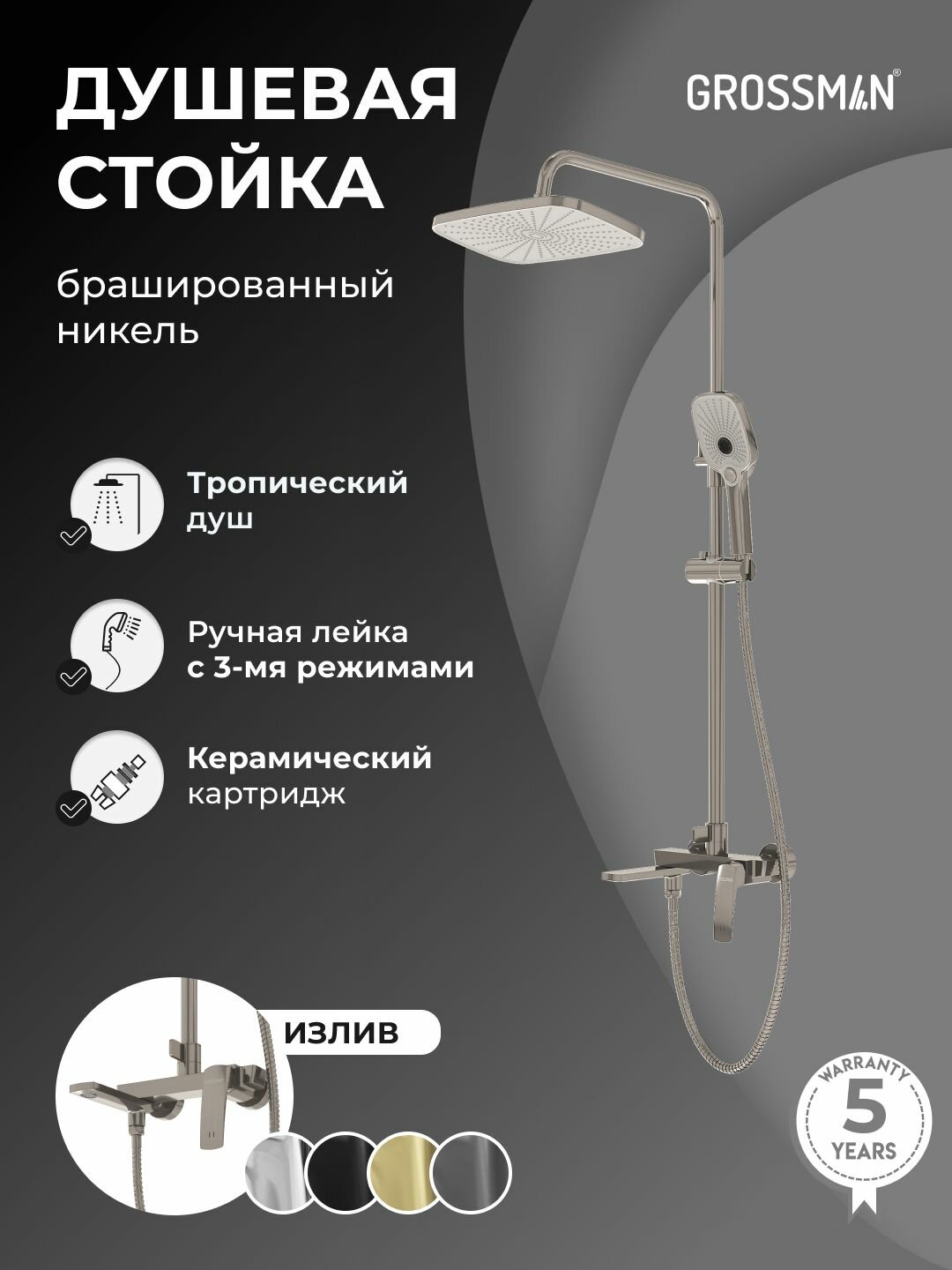 Душевая система Grossman Mercury с верхним душем ручной лейкой и смесителем черный матовый
