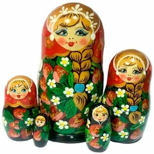 Деревянная матрешка МатрёшИгрушка 5 в 1 средняя ягодки, эскиз 22, земляничка с косой, м05140222