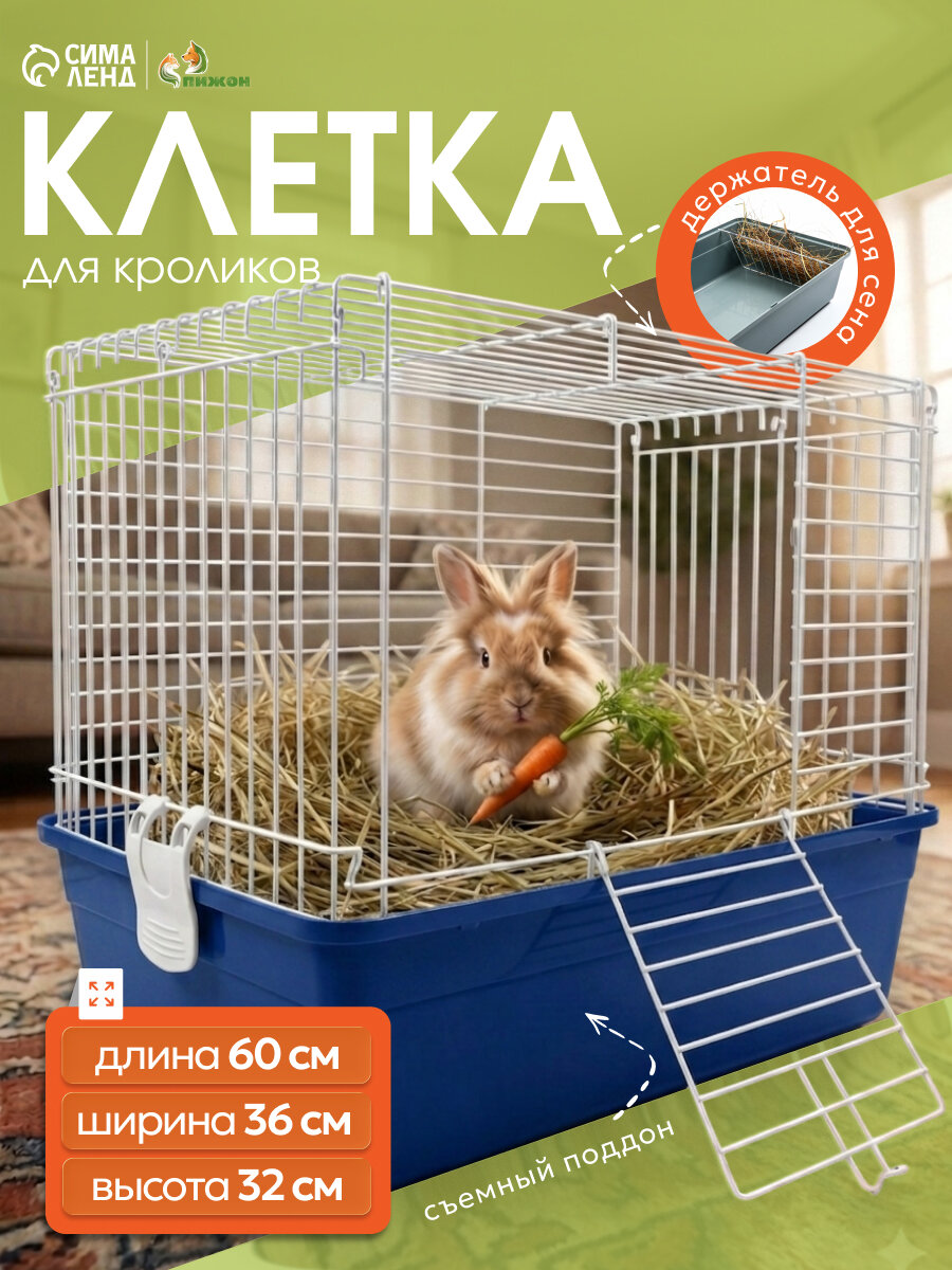 Клетка усиленная для кроликов, 60 х 36 х 32 см, синяя, металл