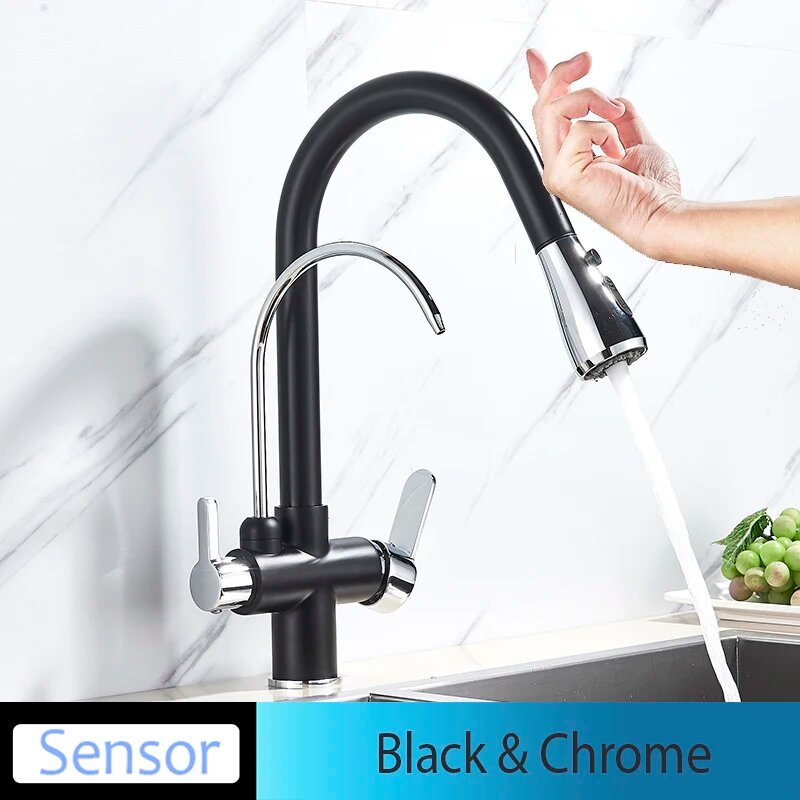 Кухонный смеситель с выдвижным шлангом Onyzpily Black Touch/NO Sensor для раковины, смеситель горячей и холодной воды, кран для чистой воды, настенный кран с двумя ручками