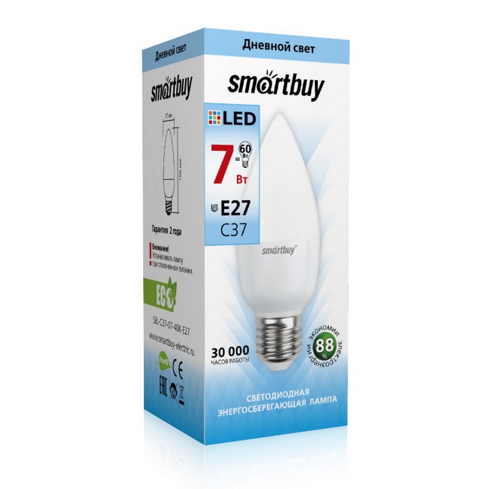 Лампа светодиодная Е27 C37 свеча 7Вт белый 4000К матовая Smartbuy SBL