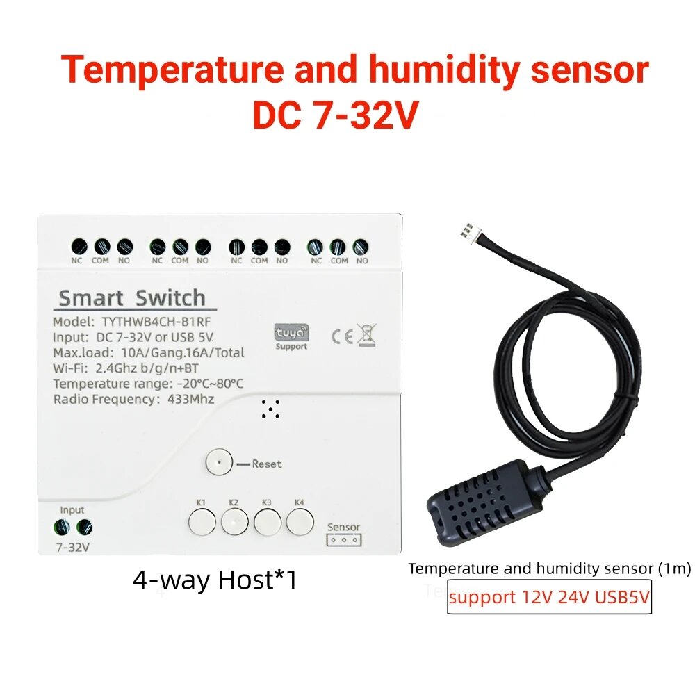 Tuya Smart WiFi 4-канальное реле DC 7-32V, Sensor