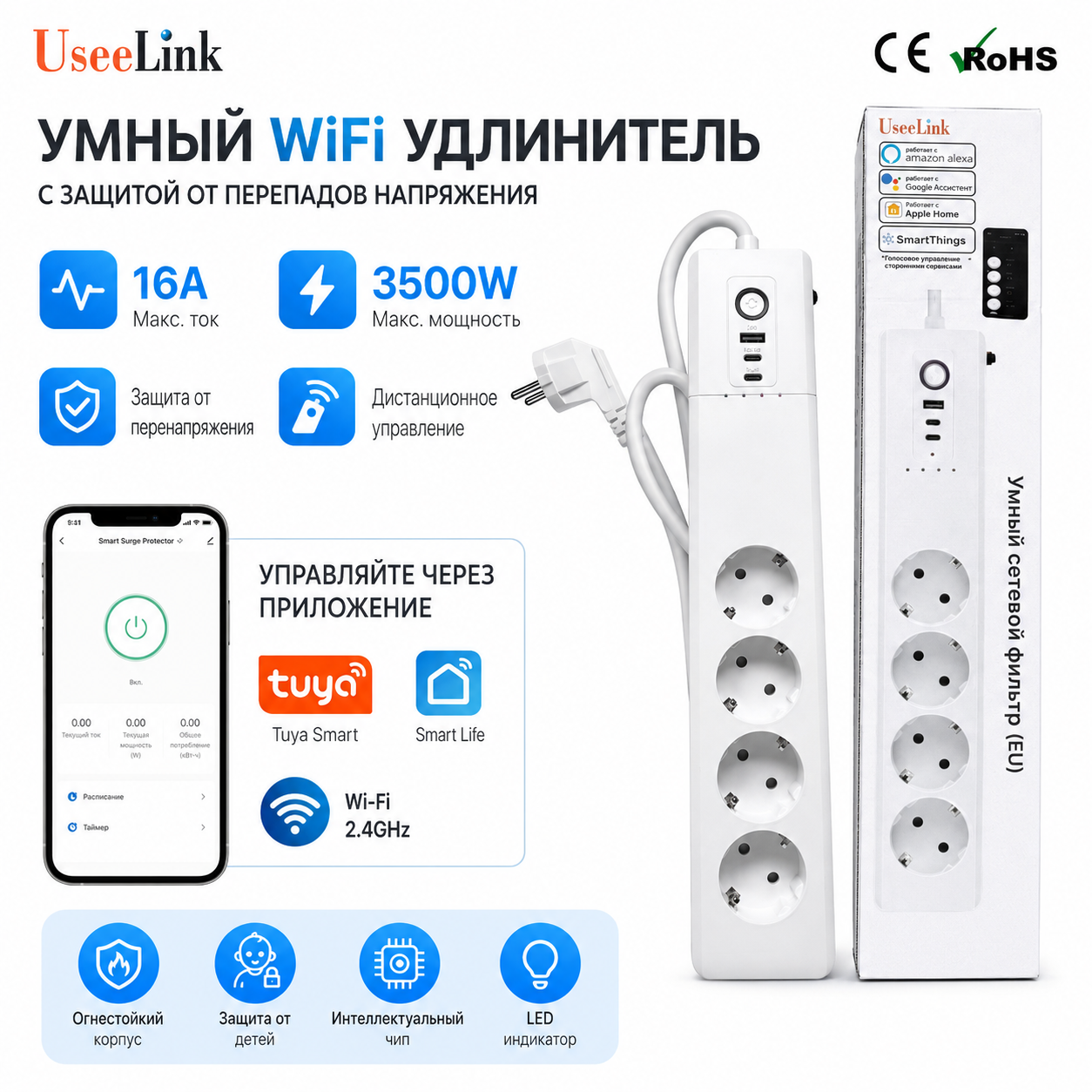 Сетевой фильтр Jinvoo Smart WiFi 20W (2C1A) евровилка, 16А 3500Вт, кабель 1,5 м, поддержка Tuya Smart Life, белый