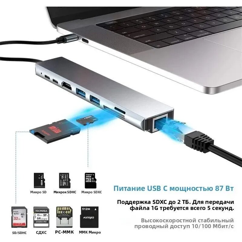 USB-концентратор 8-в-1 с Type-C, HDMI, RJ45, PD зарядкой и слотами для карт TF/SD - компактный док-станция для ноутбука и ПК