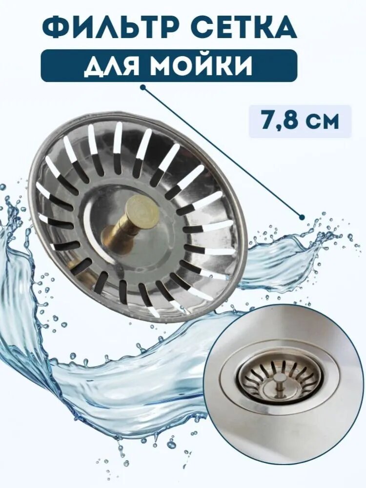 Ситечко для мойки с резиновым уплотнителем, диаметр 78 мм