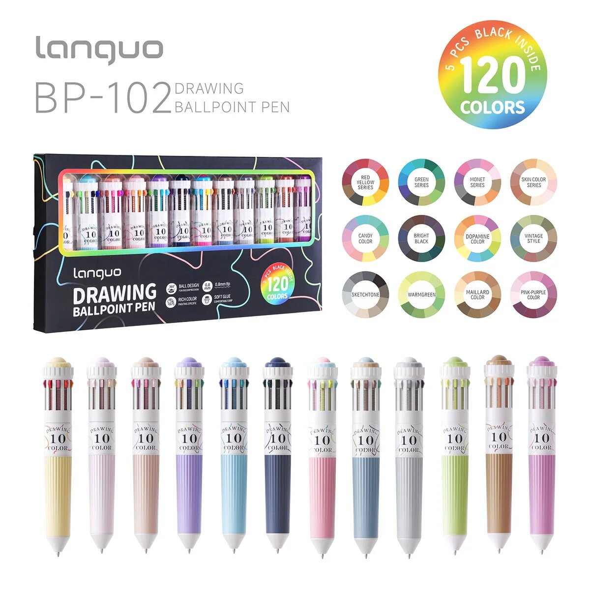 Шариковые ручки LANGUO, 28/60/120 цветов, тонкий наконечник 0,8 мм 12Pcs 120 Colors Box