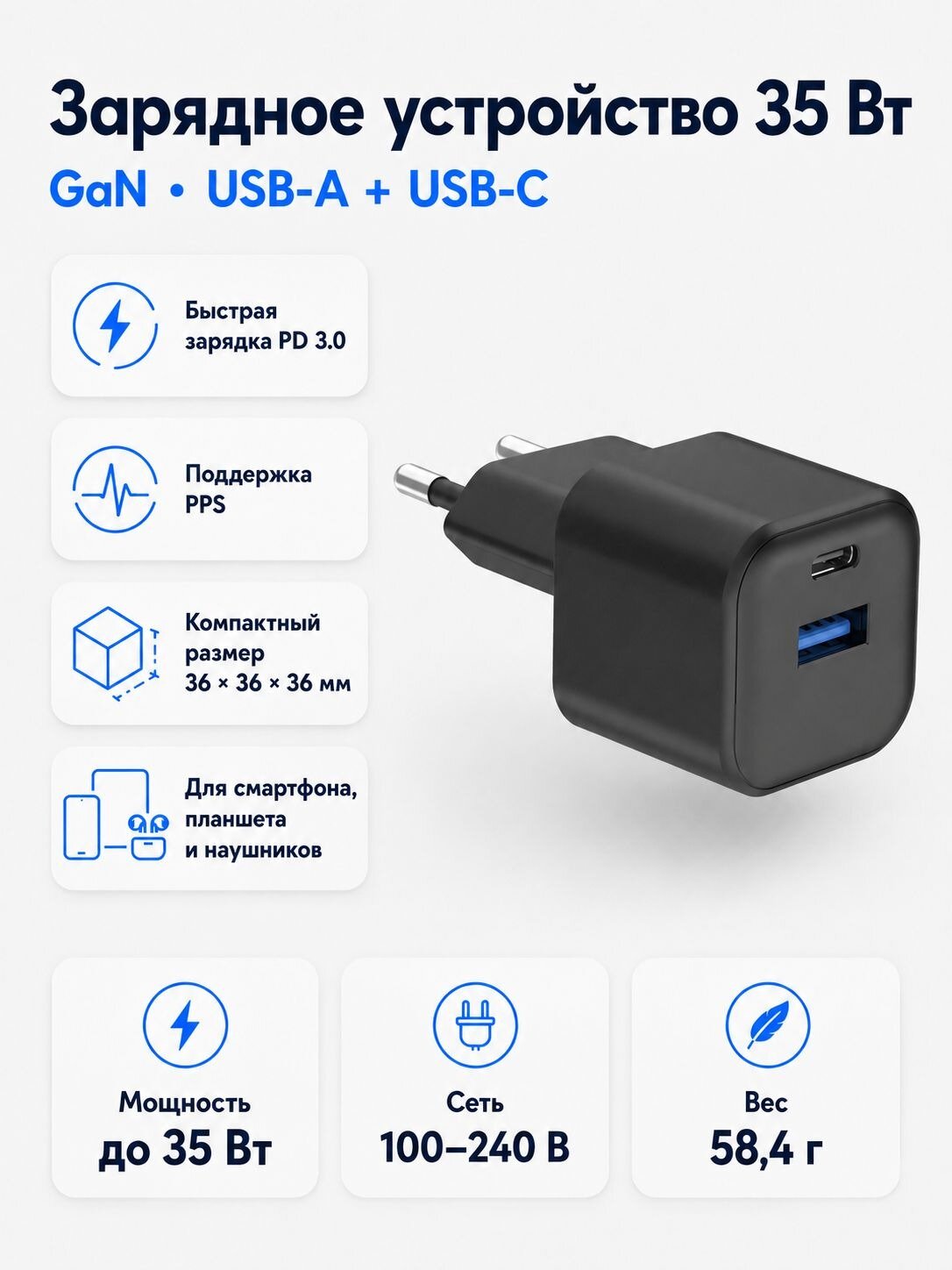 Сетевое зарядное устройство Robiton 35 Вт, USB-C Type-C и USB-A, быстрая зарядка PD 3.0 PPS для смартфона, планшета и наушников