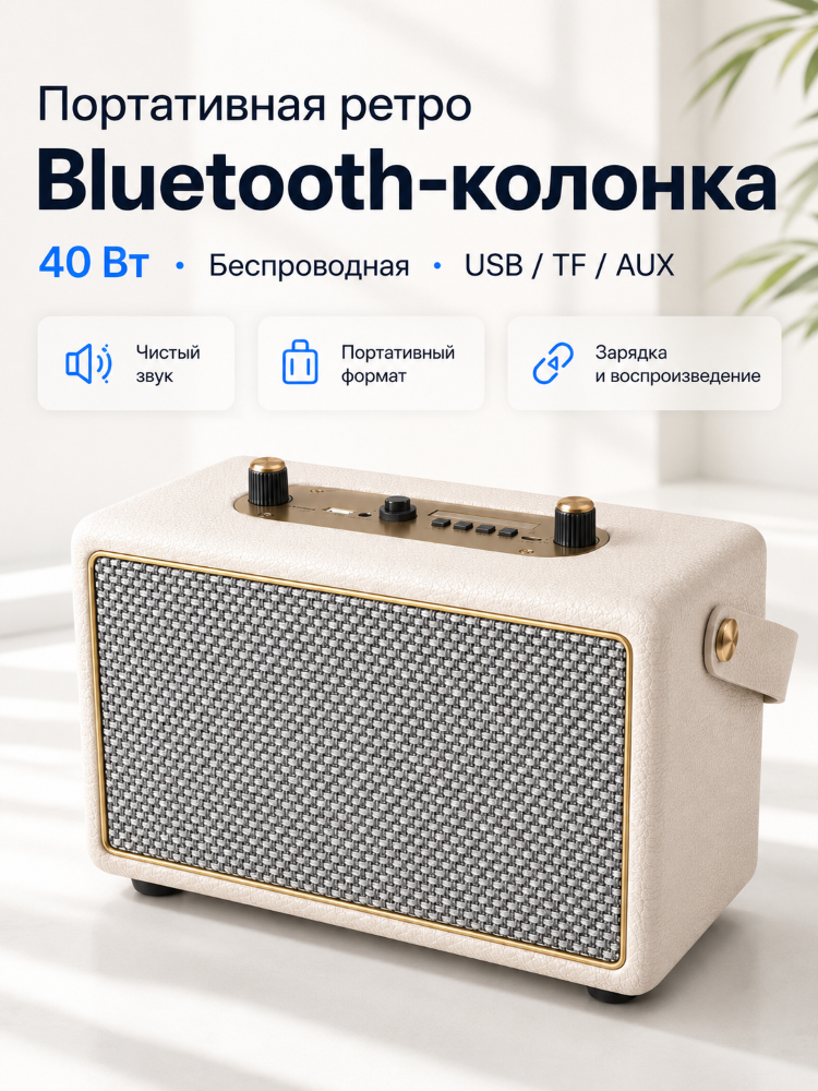 Портативная Bluetooth-колонка Q3, 40 Вт, ретро-дерево, стерео, Bluetooth 5.3, TWS, гитара/микрофон 6,5 мм, 3600 мАч
