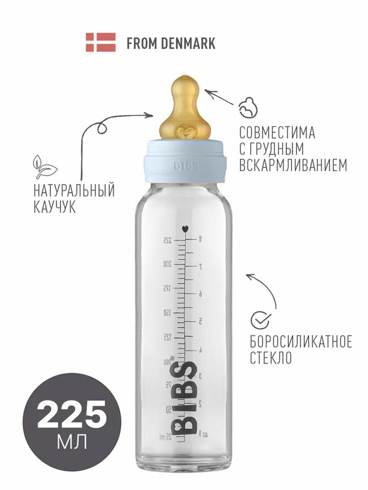Бутылочка для кормления Baby Bottle Complete Set - Baby Blue 225 ml - стеклянная бутылочка для кормления в наборе 225мл