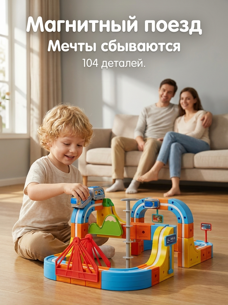 Магнитный конструктор-поезд для мальчиков, 104 детали, 3 поезда, подарочная коробка