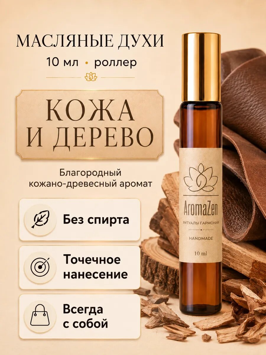 Масляные духи роллер "Дерево и кожа", женские, без спирта, шариковые, мл