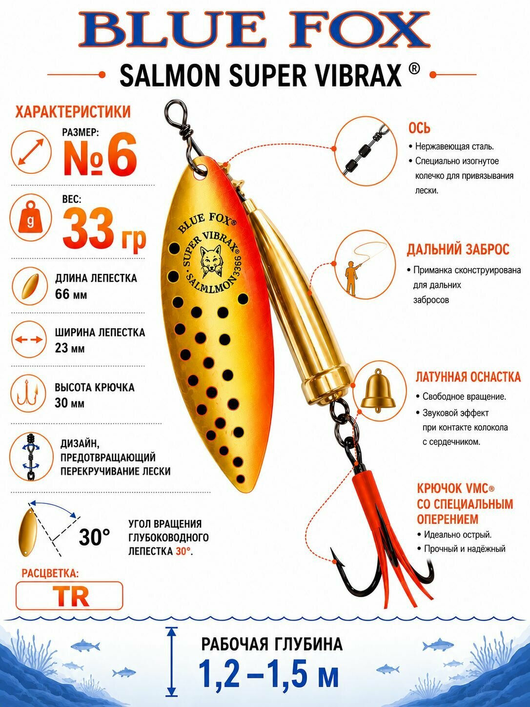 Блесна вращающаяся BLUE FOX Salmon Super Vibrax 6 /TR / 33гр. ++
