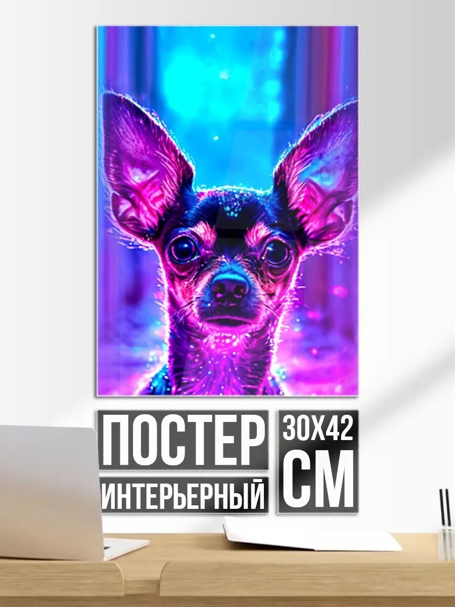 Постер на стену Русский той терьер в неоне