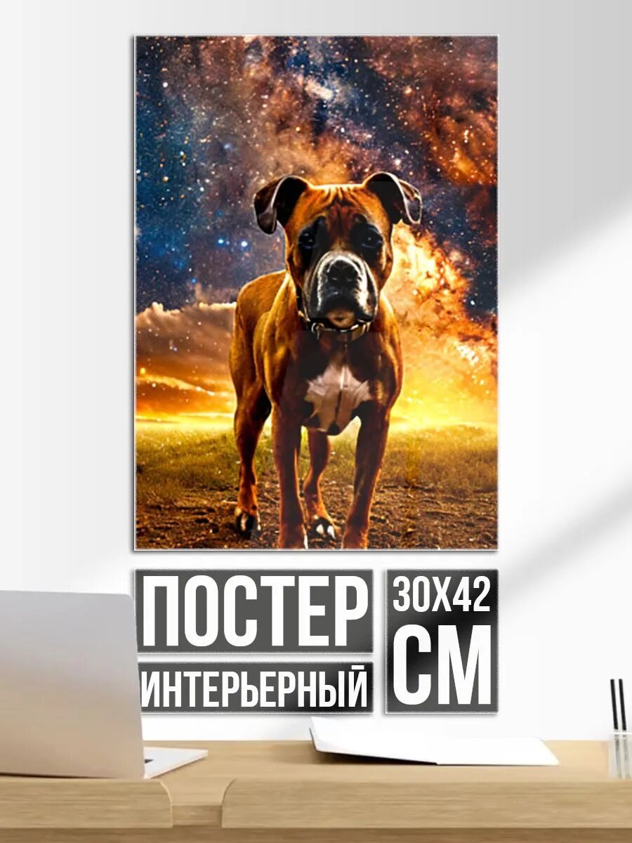 Постер на стену Немецкий боксер и звездное небо