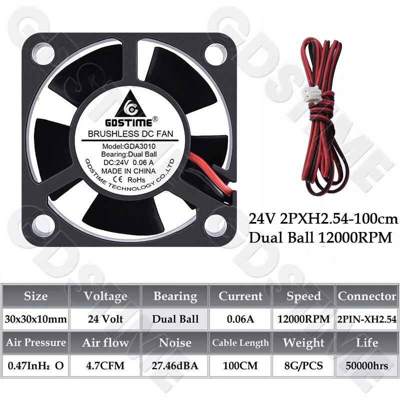 GDSTIME 3010 Вентилятор 24В 5Pcs 3010 Axial Fan, 24V Ball 2P-100CM