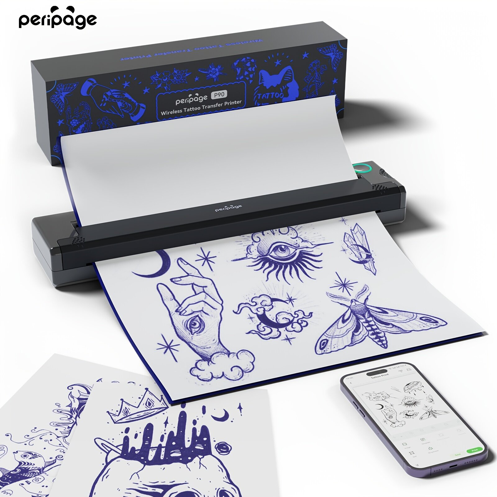 Термопринтер PeriPage P90 BF4821763, для тату-трафарета, беспроводная печать, совместим с мобильными устройствами