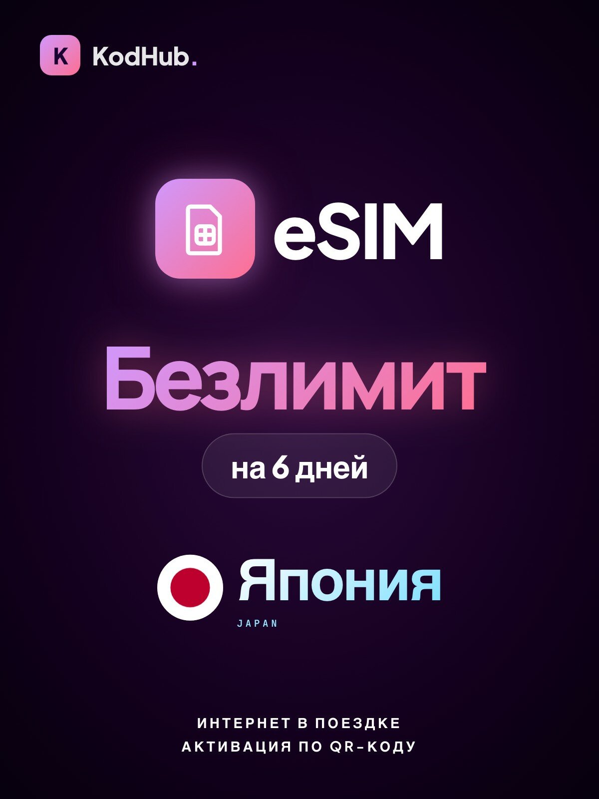Туристическая eSIM Япония безлимит на 6 дней | интернет в поездке, связь за границей | QR-код активации