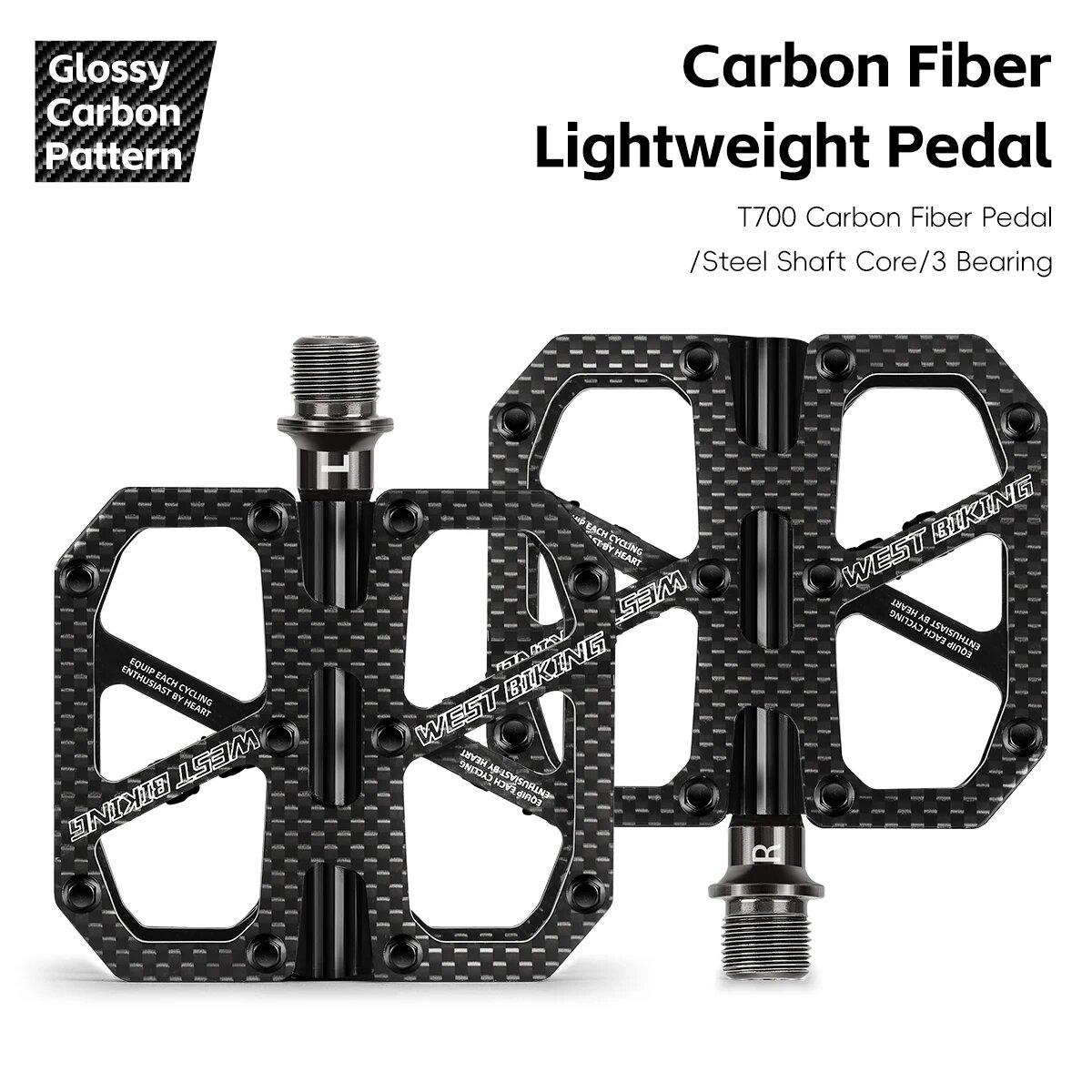Велопедали West Biking Carbon Fiber Bright Black 3 Bearing