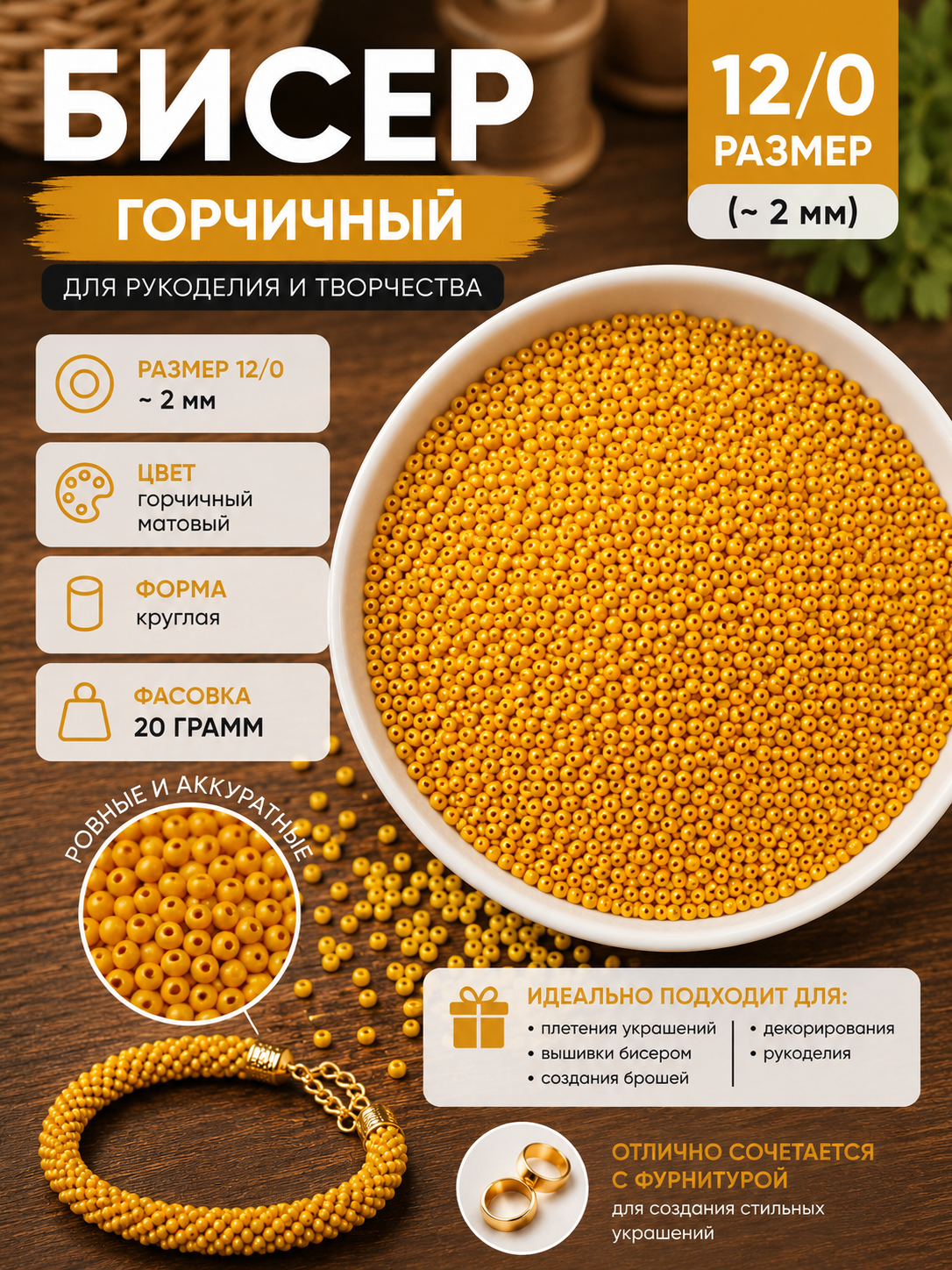 Бисер, матовый, горчичный, 2 мм, 20 гр, для детей и взрослых