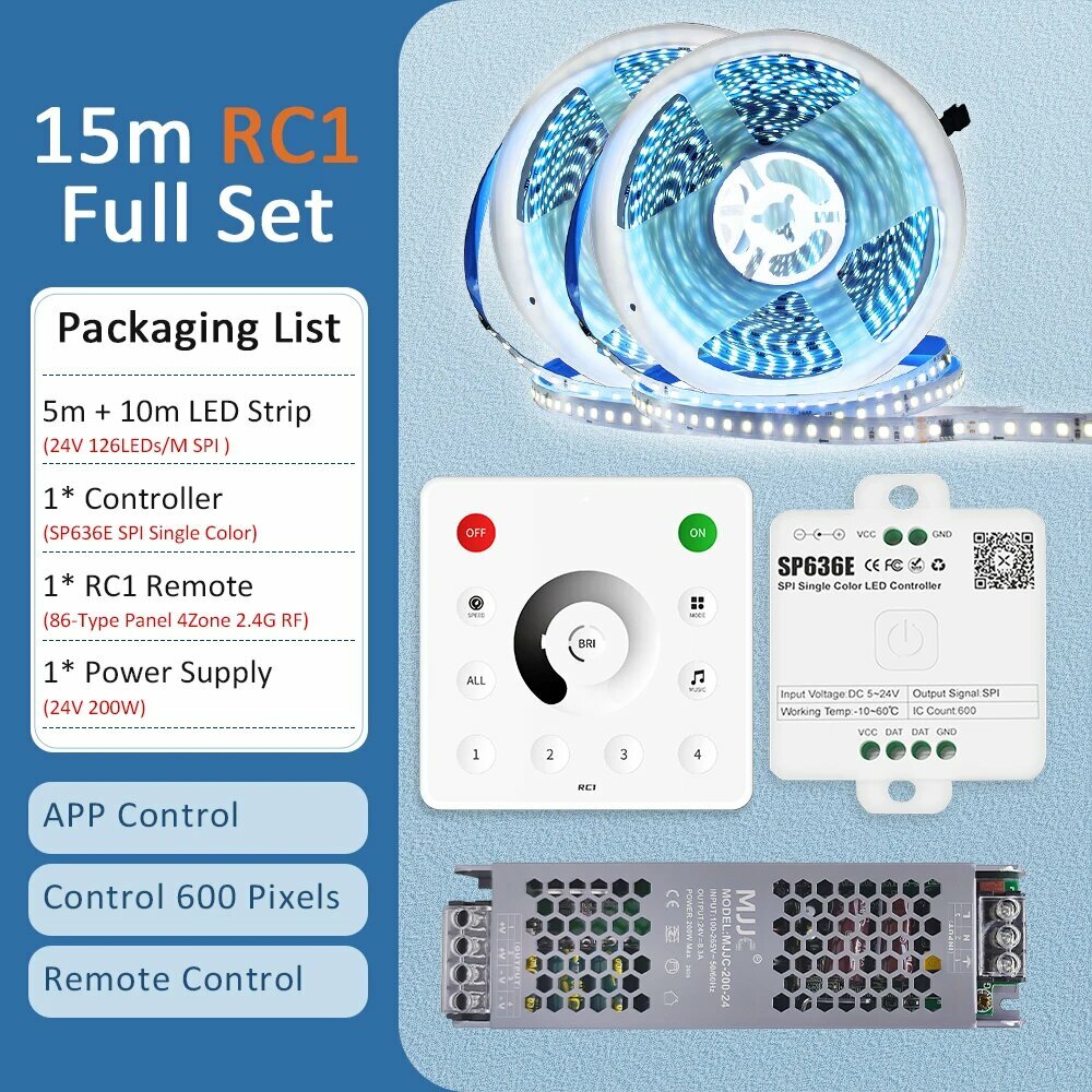 Светодиодная лента MJJC 24В 10/15/20 м WS2811 для бега лошадей 15M RC1 Full Set, Cool White 6000K