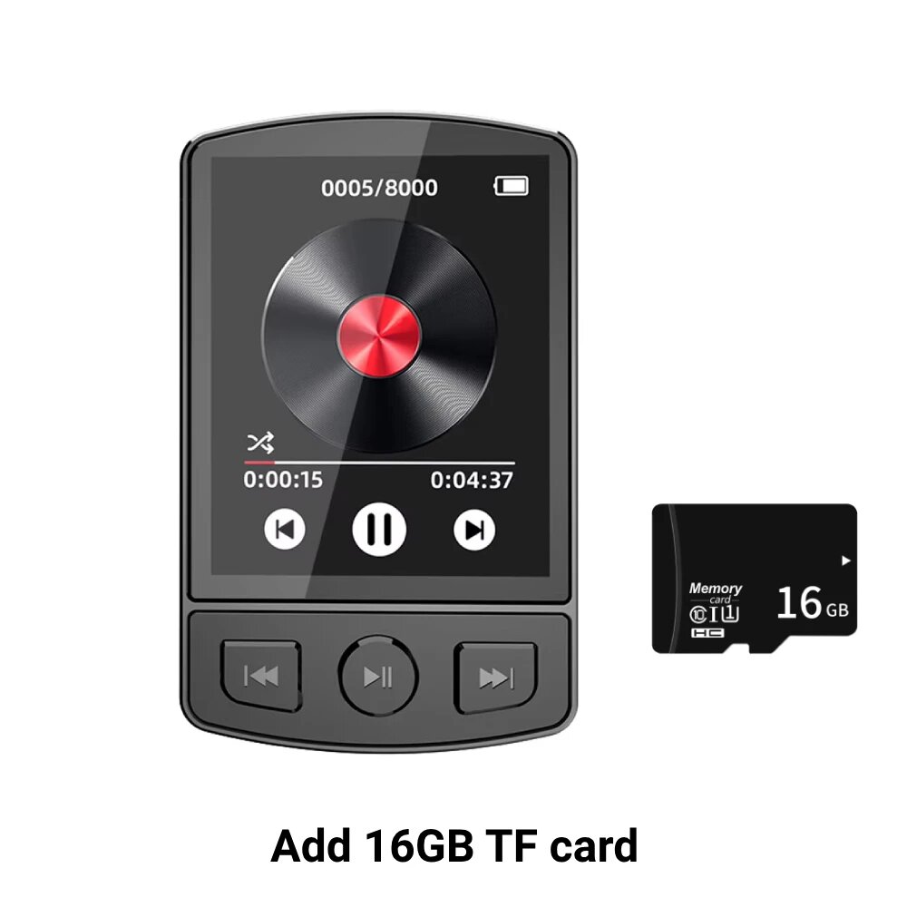 MP3-плеер Bluetooth 5.2 с зажимом Черный, Add 16GB TF card