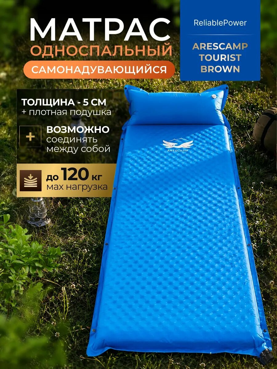 Надувной матрас ARESCAMP, односпальный, самонадувающийся, синий/голубой, водонепроницаемый