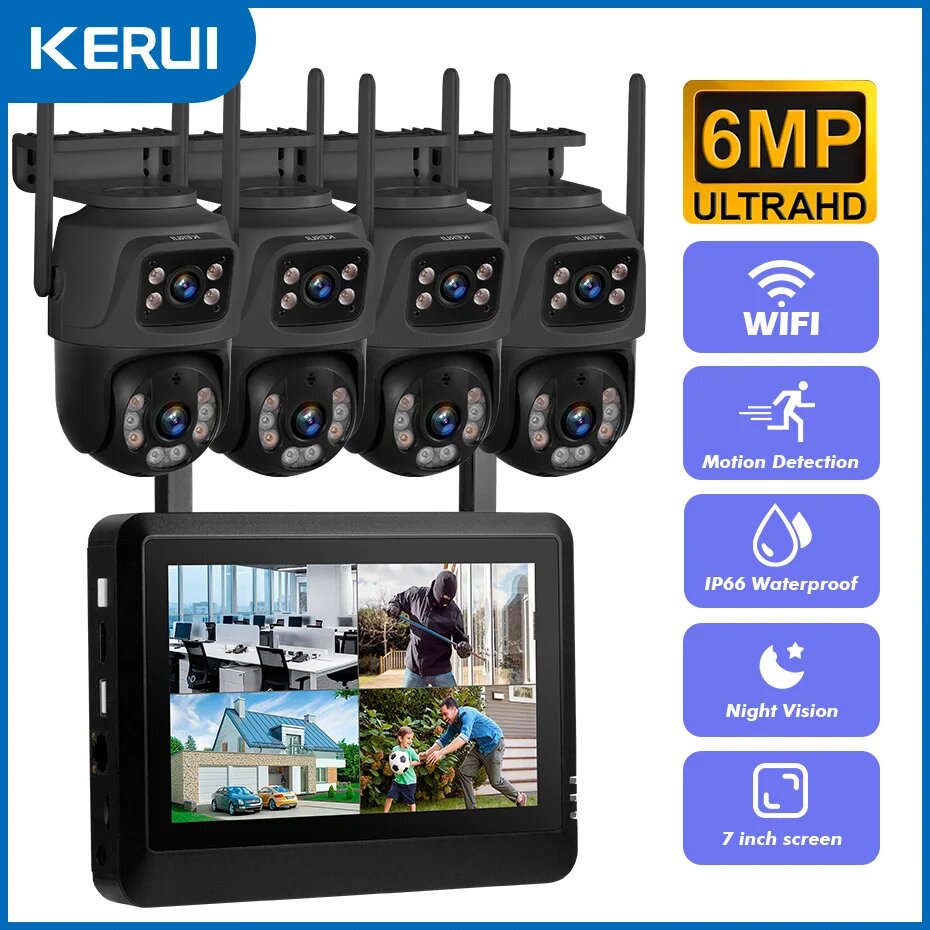 KERUI Wireless 6MP Двухлинзовая WIFI IP-камера 8CH NVR с 7-дюймовым LCD-экраном Видеорегистратор Система охранных камер для дома Surveillance