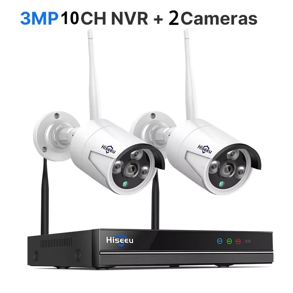 Комплект безопасности Hiseeu 10CH NVR с Wi-Fi IP-камерами 3/5 МП с детекцией людей, ночным видением, односторонним аудио и беспроводной системой видеонаблюдения CCTV