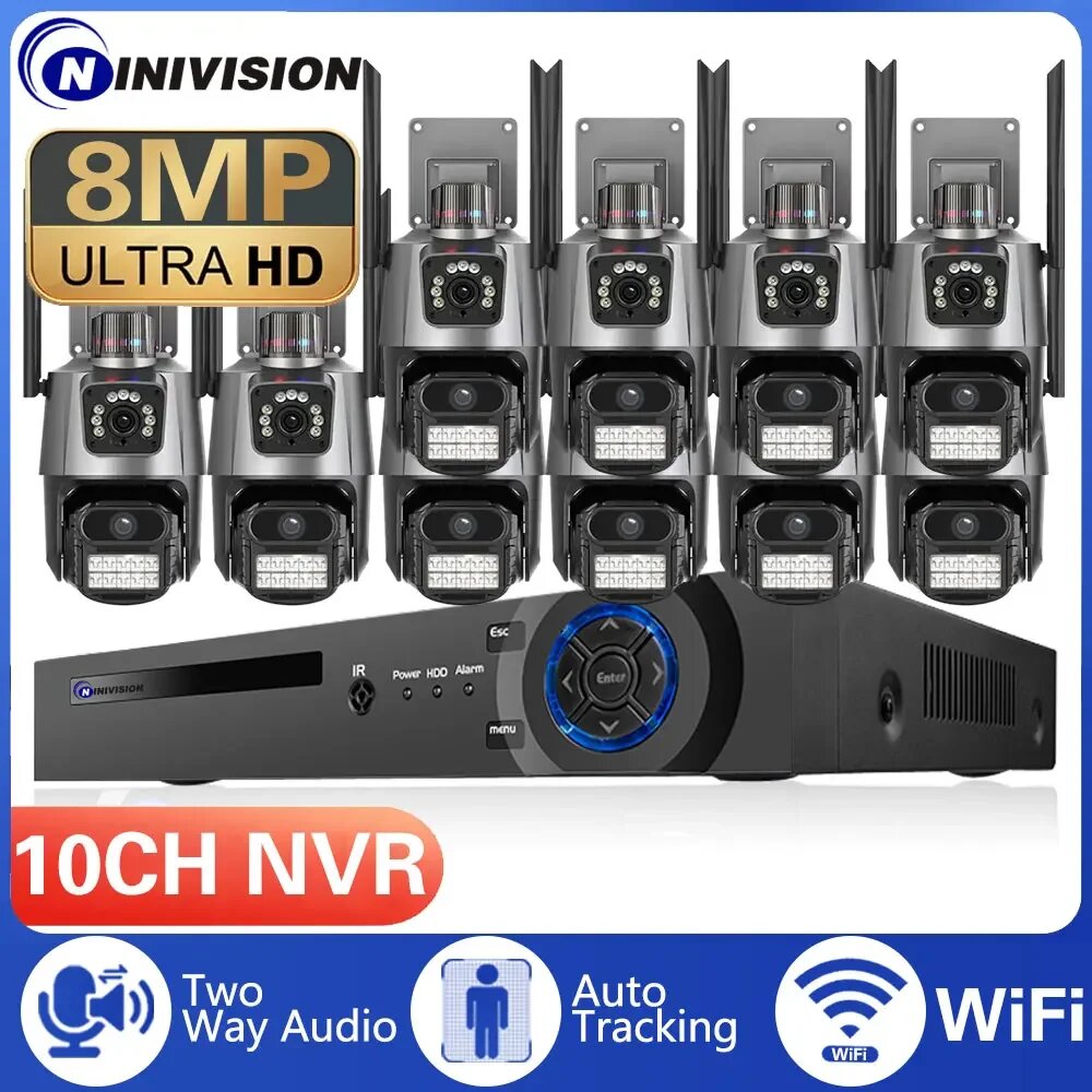 10CH 8MP беспроводная двухлинзовая PTZ WIFI IP камера безопасности с двусторонним аудио, цветной ночной видимостью, распознаванием лиц, POE NVR система видеонаблюдения