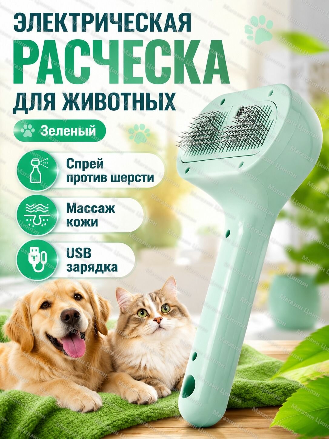 Электрическая расчёска для кошек и собак с функцией распыления и массажа, травяной зелёный