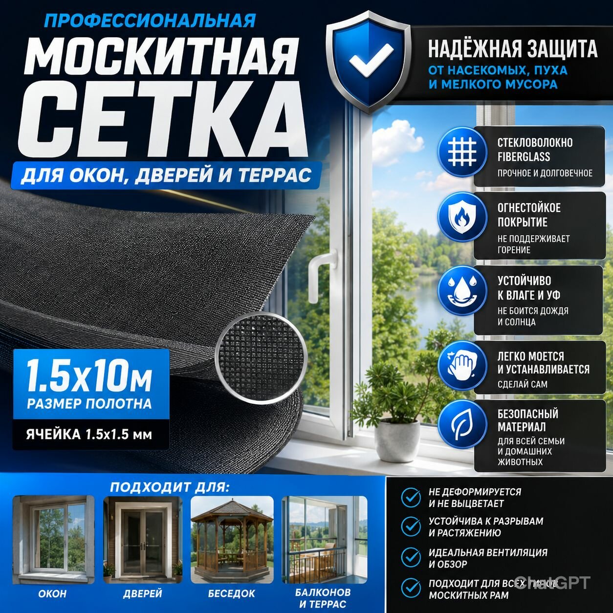Москитная сетка на окна от комаров / полотно 1,5х10 от комаров, мух, насекомых серое